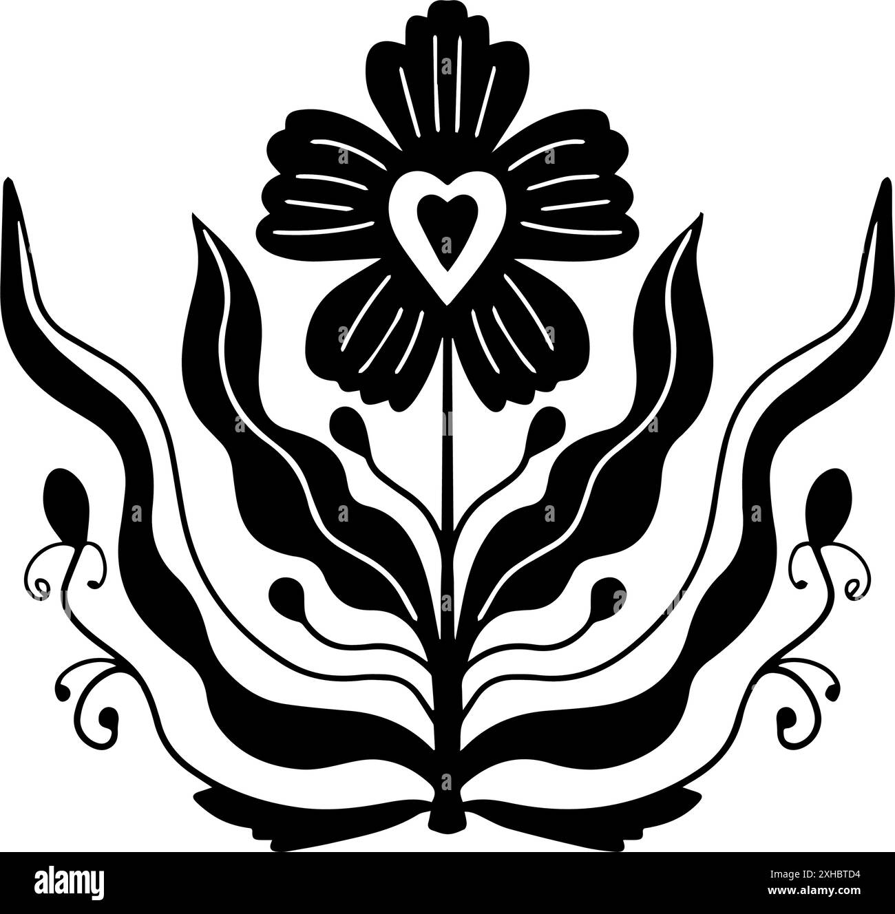 linocut flower decorative black and white, Doodle line art style ...
