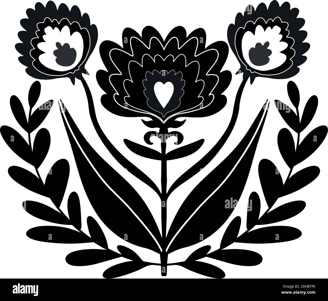 linocut flower decorative black and white, Doodle line art style ...