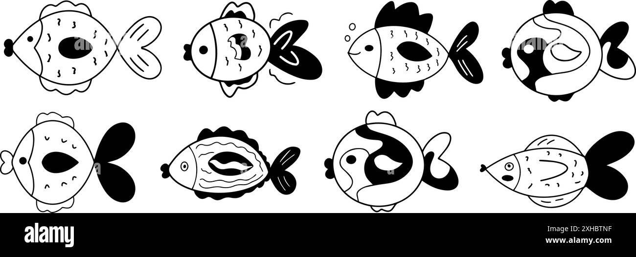 Set of hand drawn funny fishes in sketch style. Vector decorative ...