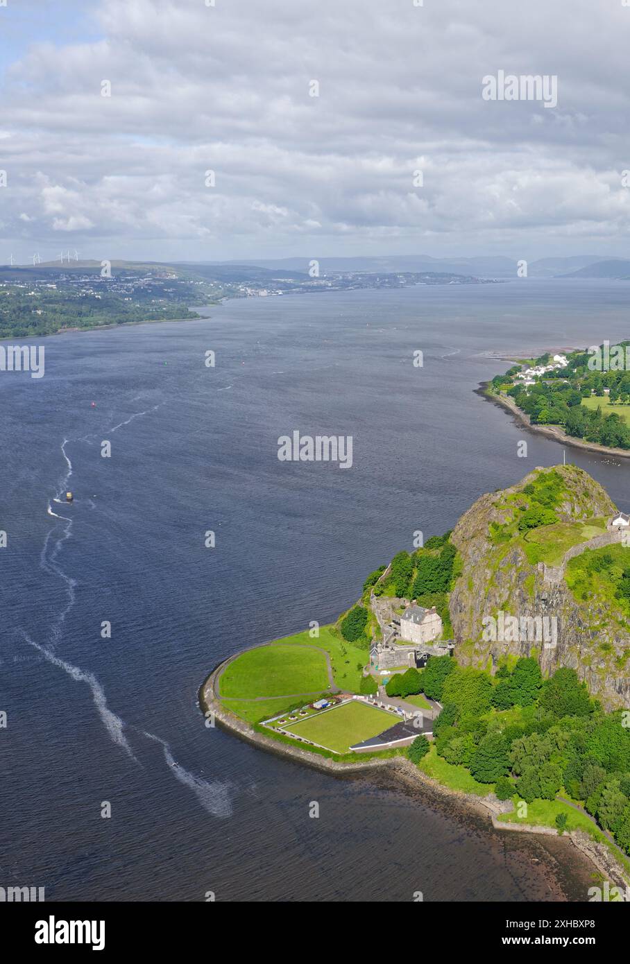 Dumbarton castle building on volcanic rock aerial view from above ...