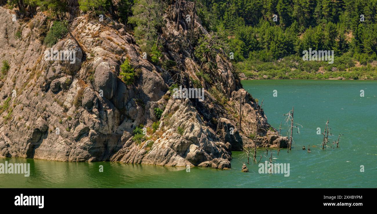 High cliffs, forest and dried trees by the lake Stock Photo - Alamy