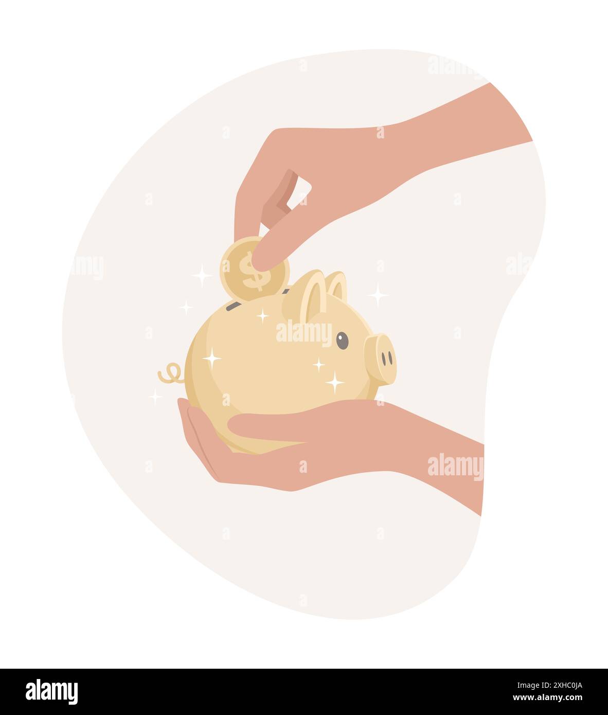 Hands holding a golden piggy bank and throwing a coin into it. Flat ...