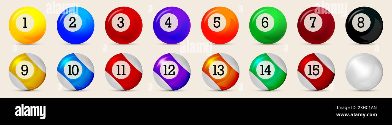Billiard balls. A set of pool balls with the numbers 1 through 15. 3D ...