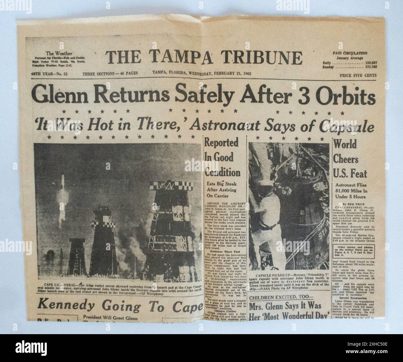 Front page of the February 21, 1962 Tampa Tribune Newspaper with the ...