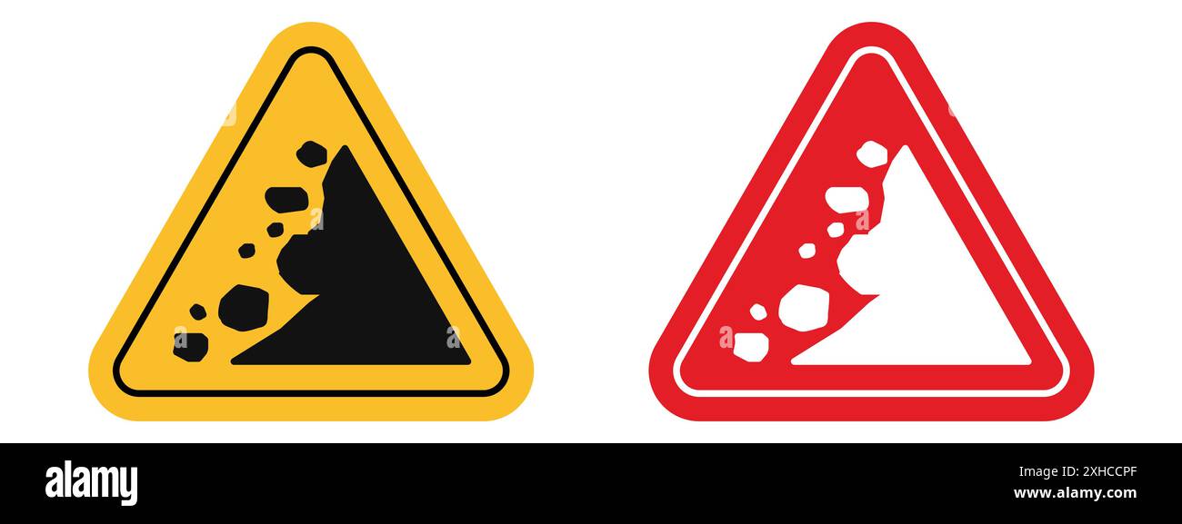 Falling rocks or debris warning road sign Vector symbol or sign set collection in black and ...