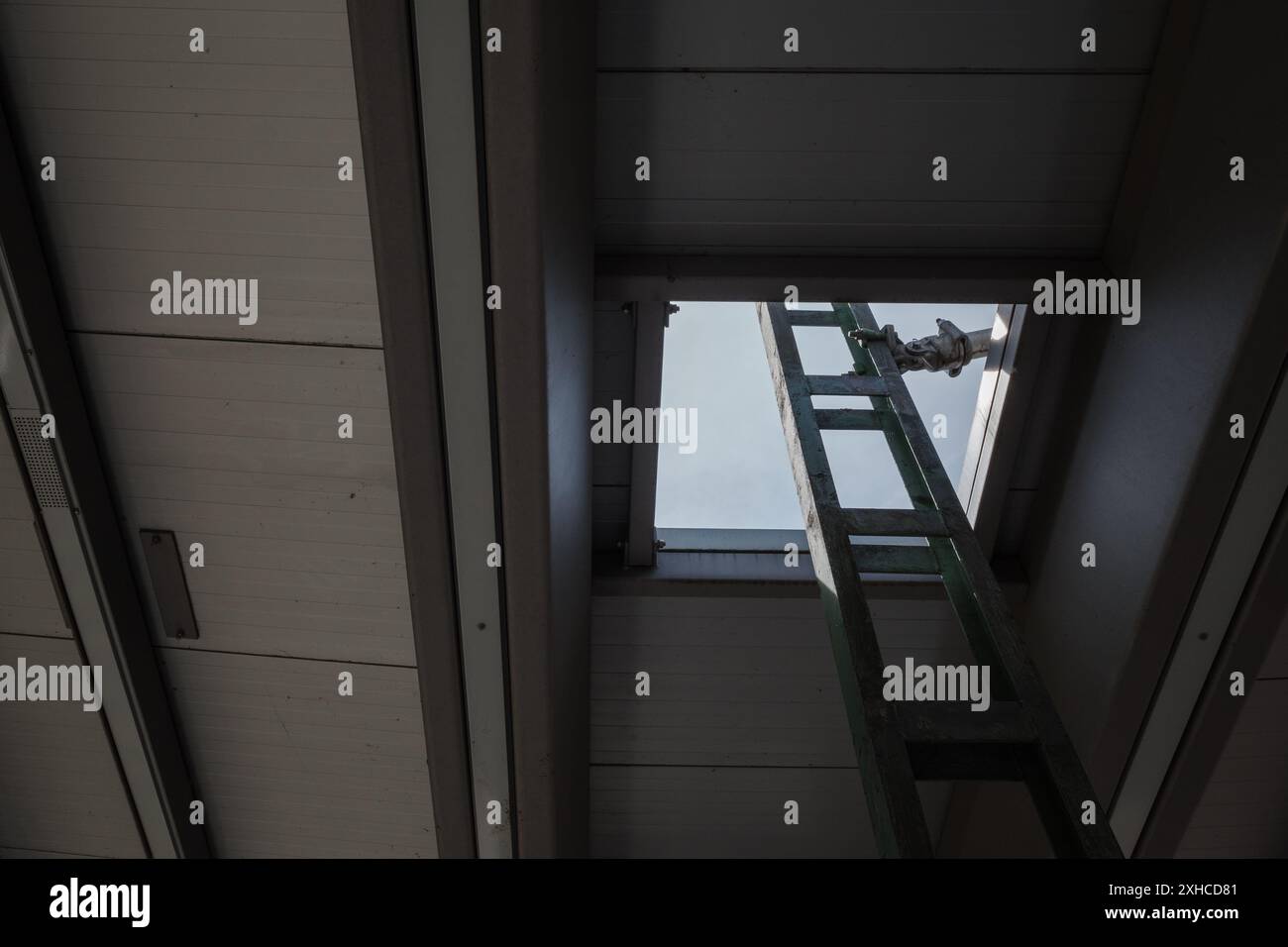 A view of a metal ladder extending through an opening in a building’s ...