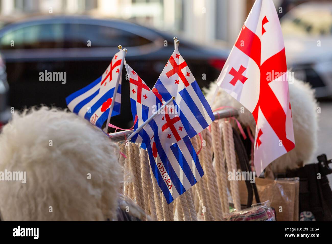 Small Georgian and Adjara flag with red crosses on white, Adjara is an ...