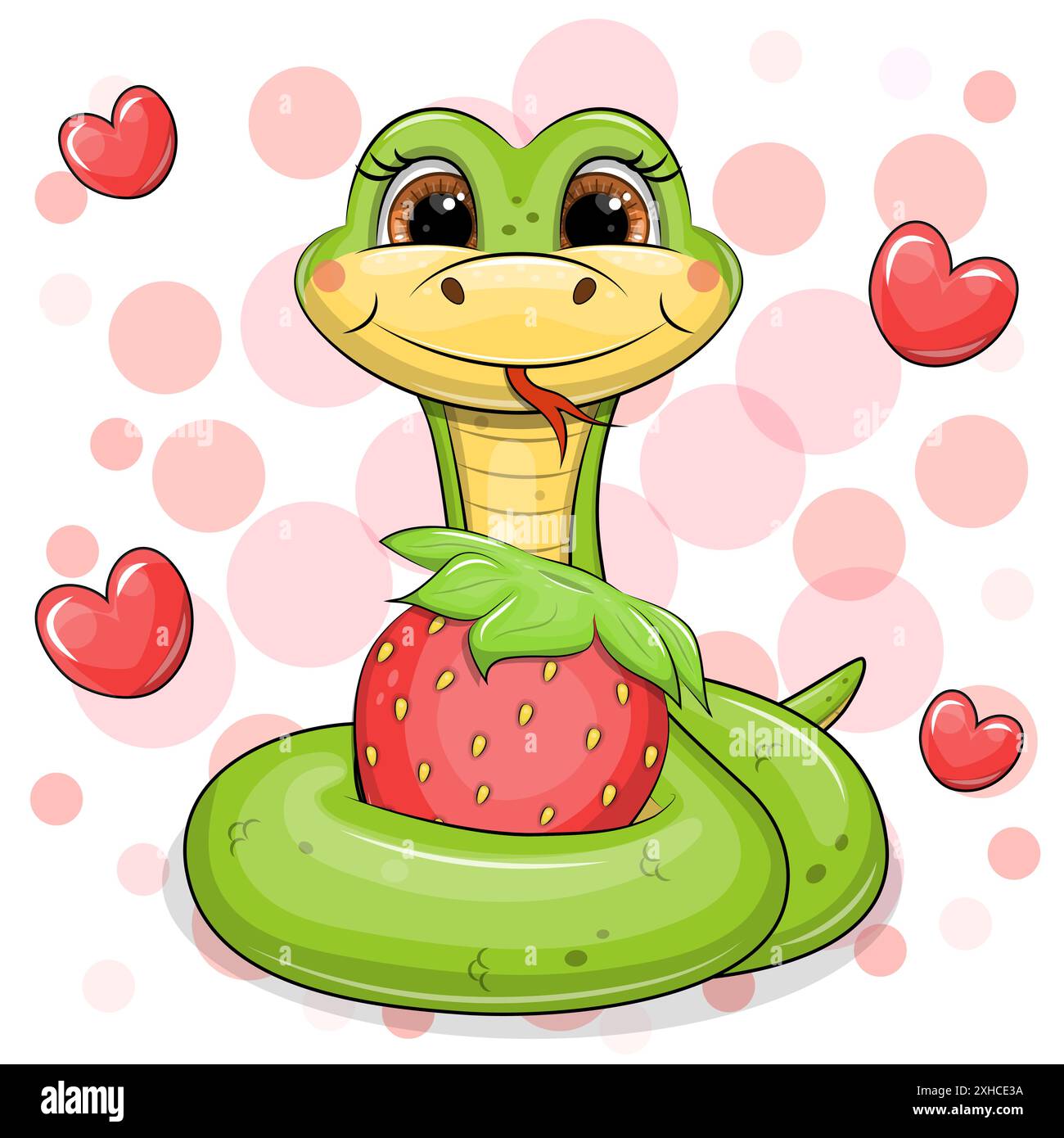 Cute cartoon green snake with red strawberry. Vector illustration of ...