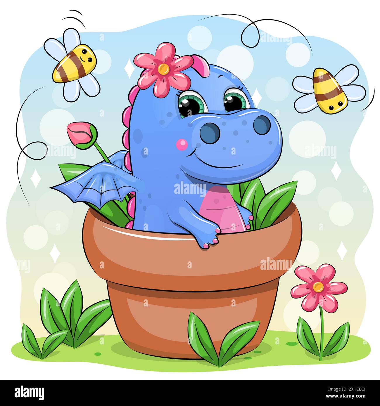 Cute cartoon dragon in a flower pot with bees and flowers. Vector ...
