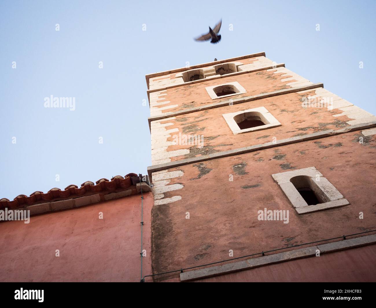 Dove flying from a bell tower at Rab in croatia Stock Photo - Alamy