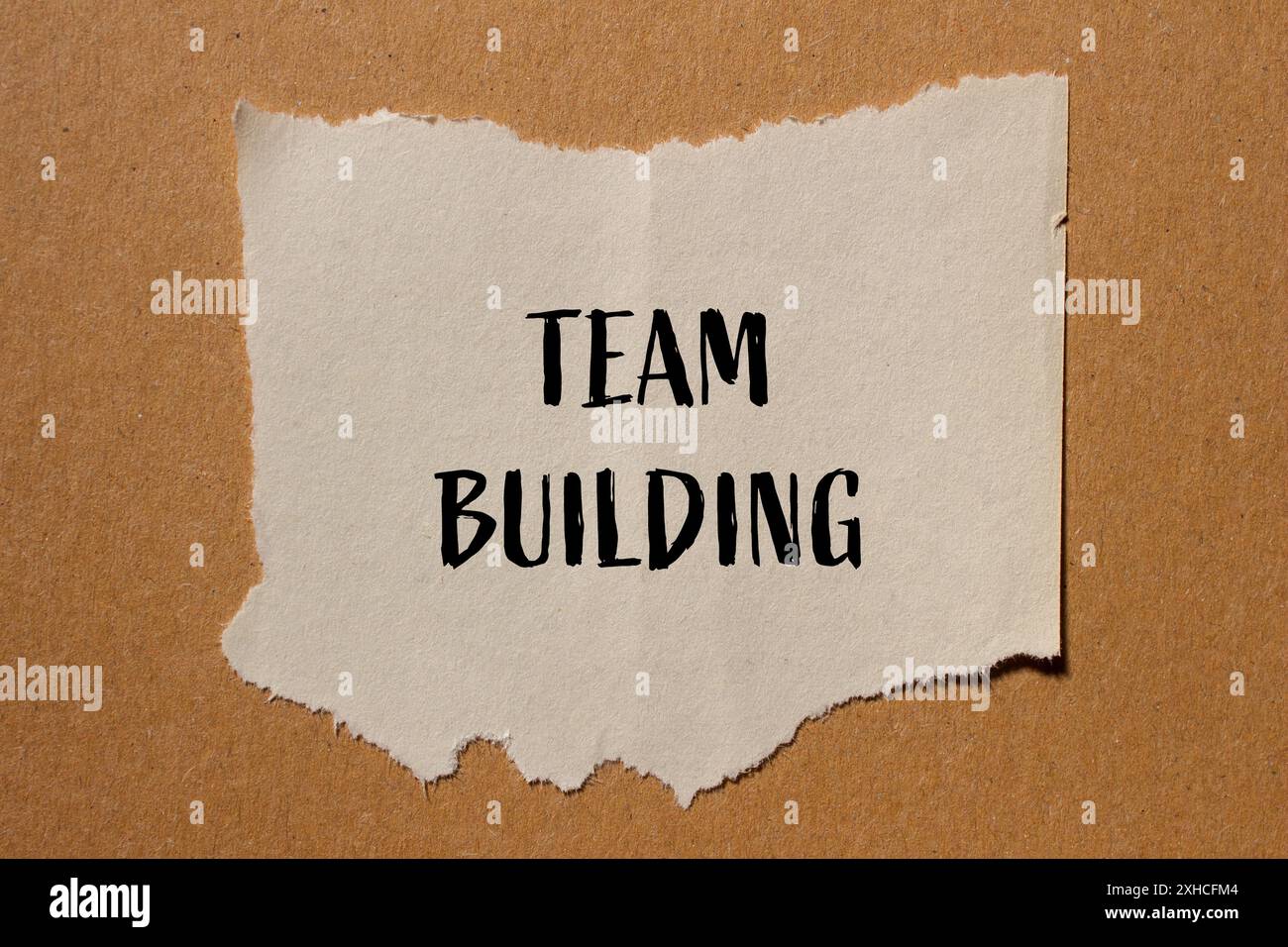 Team building message written on ripped paper with cardboard background ...