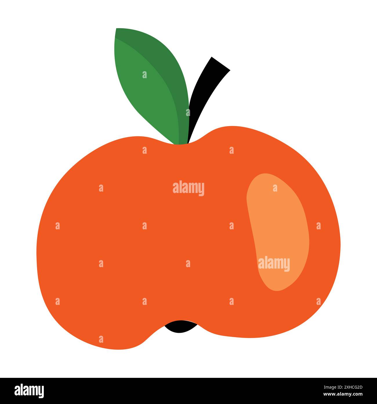 A bright red apple illustration with a green leaf and a black stem ...