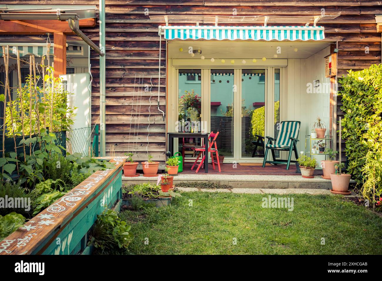 Little garden with green grass and flowers for having good times ...