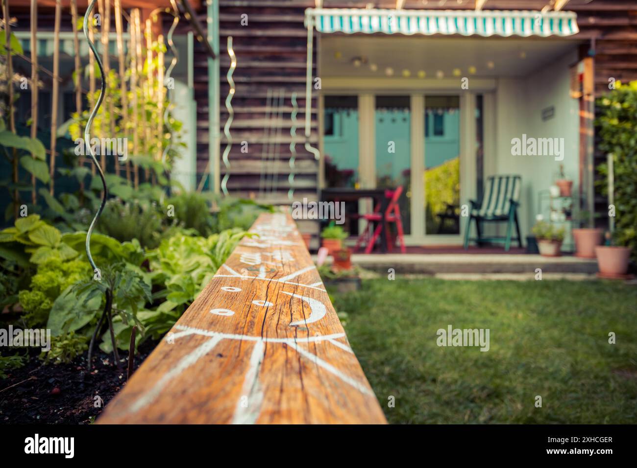 Little garden with green grass and flowers for having good times ...