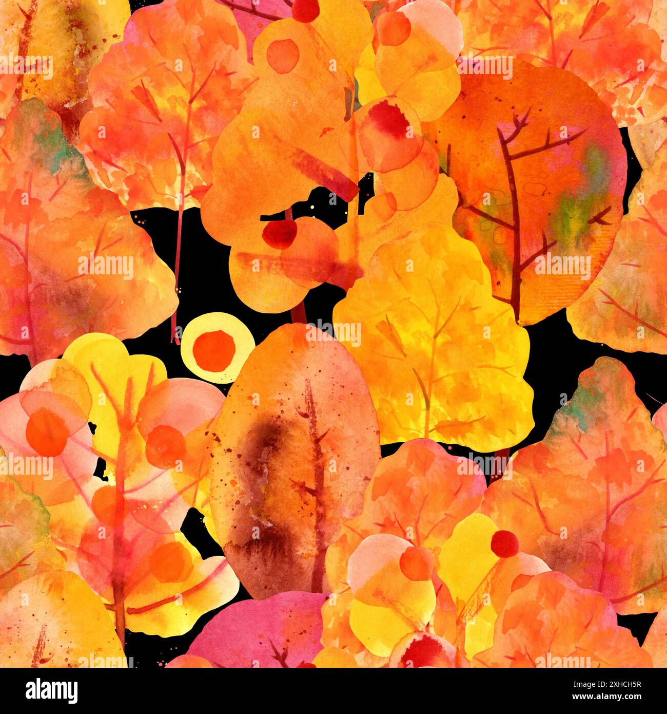 Seamless pattern with watercolour autumn trees, black background Stock ...