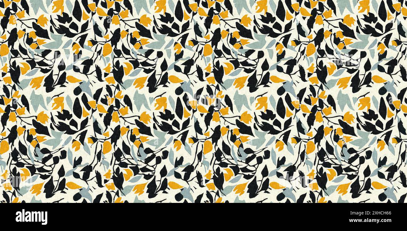 Modern printed fabric flower block print pattern with linen texture ...