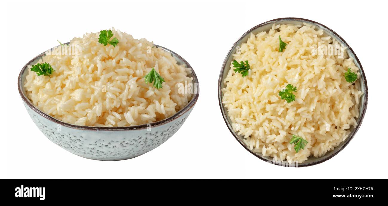 Rice set. Rice, cooked, in a bowl with fresh parsley leaves, isolated ...