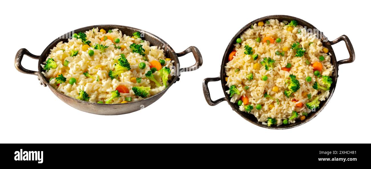 Rice set. Rice, cooked, in a pan with fried vegetables, isolated on a ...