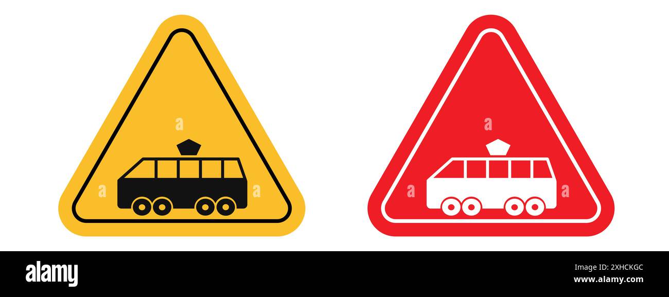 Tramway caution traffic sign Vector symbol or sign set collection in black and white outline ...