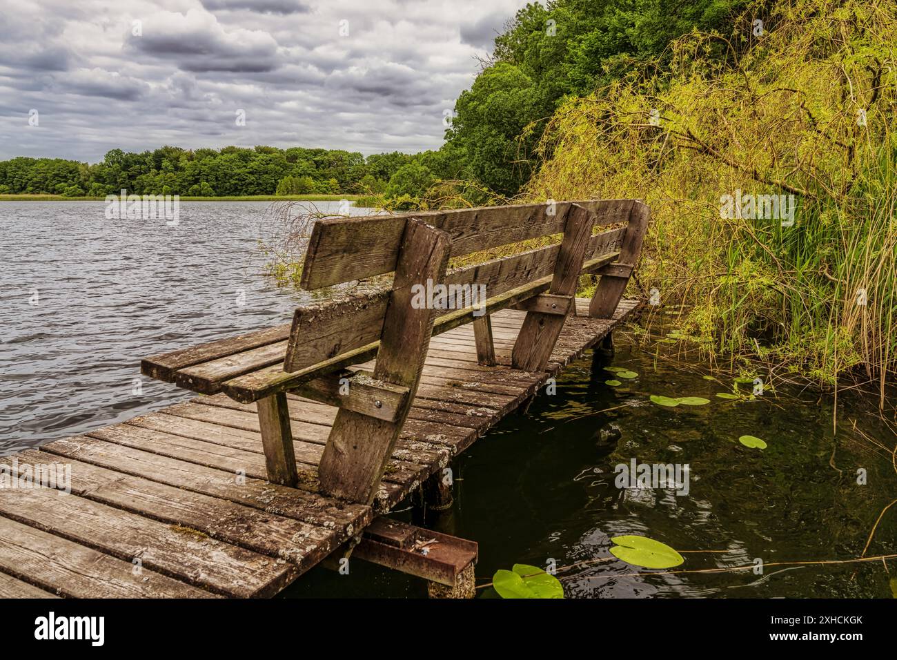 A bench on a wooden footbridge on Lake Daschow, Mecklenburg-Western ...