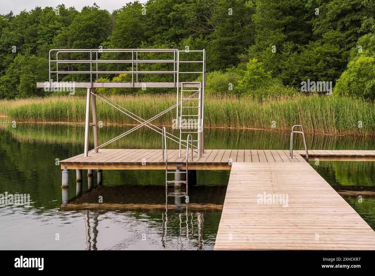 Bathing jetty and jumptower at the Passower See (Lake Passow ...