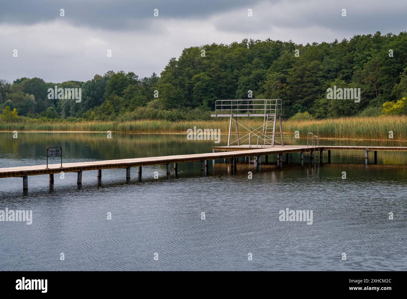 Bathing jetty and jumptower at the Passower See (Lake Passow ...