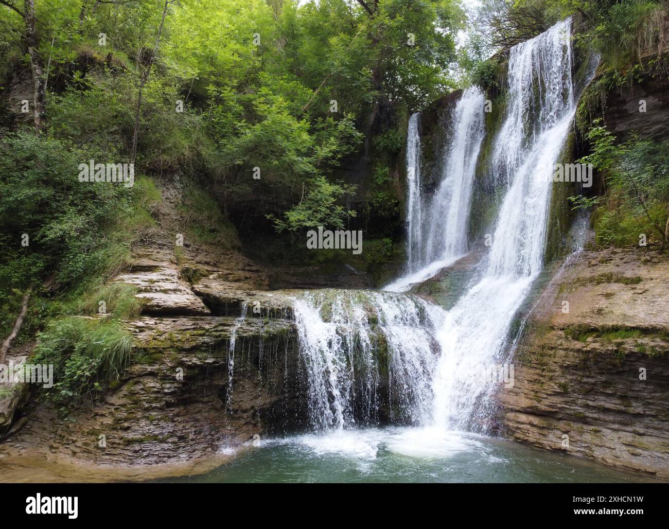 Idyllic rain forest waterfall, stream flowing in the lush green forest ...