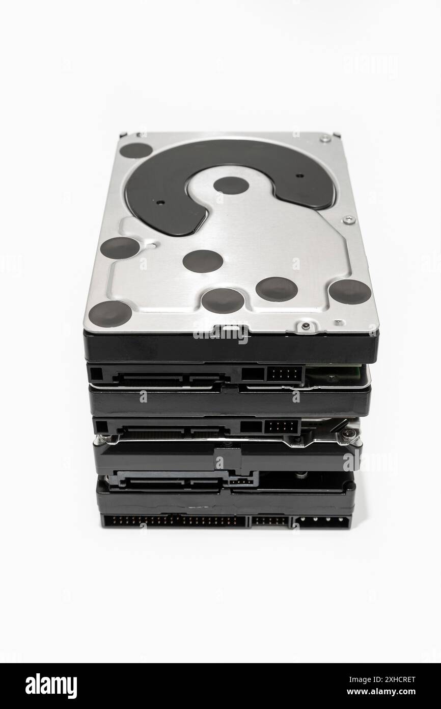 Pile of Hard disk drive HDD isolated on white background. Computer ...
