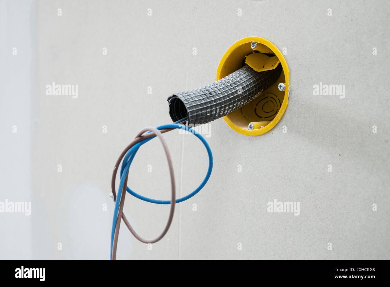 Close up of electrical box on dry wall. Indoor construction site. Copy ...
