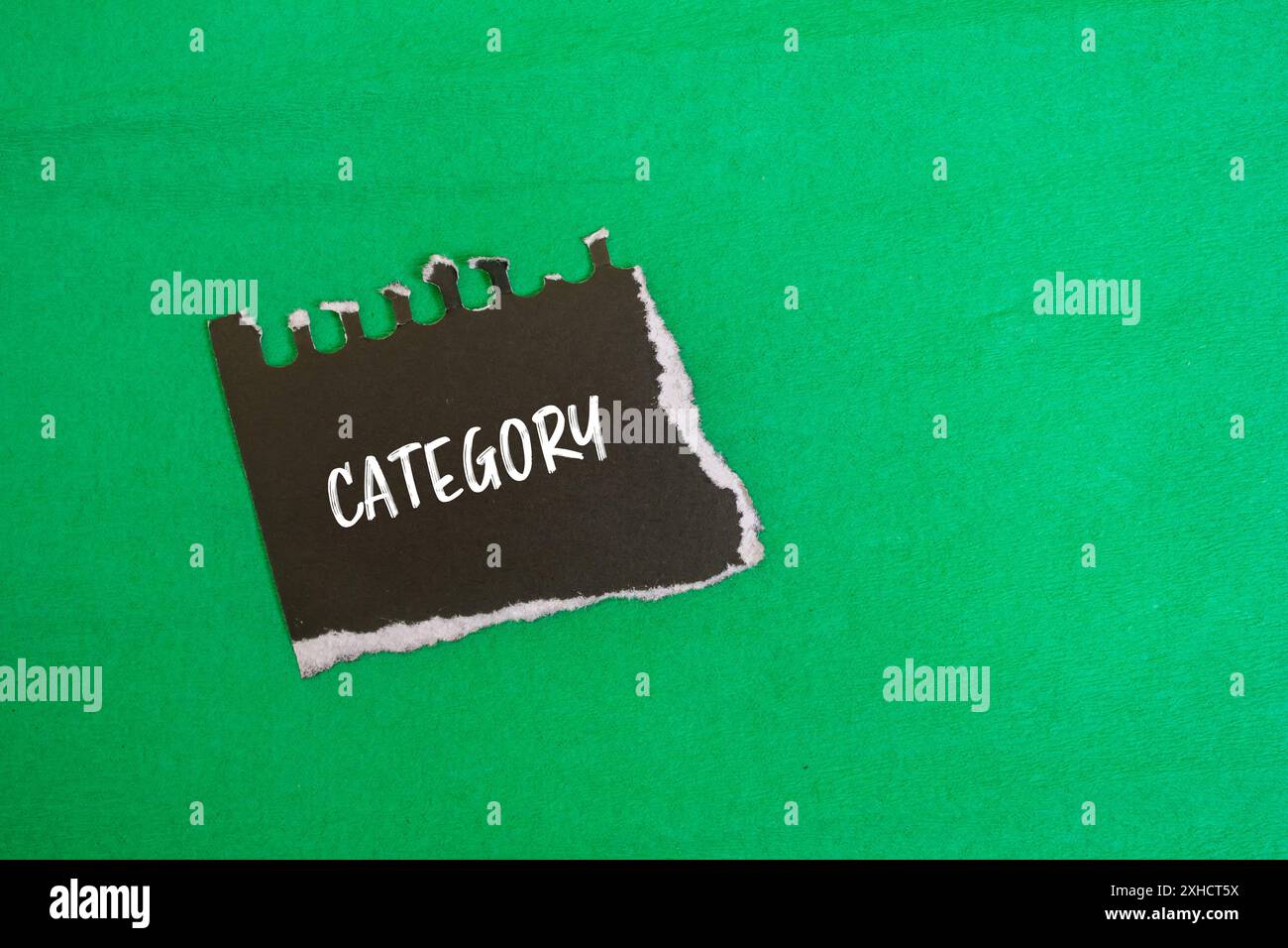 Category word written on ripped black paper piece with green background ...