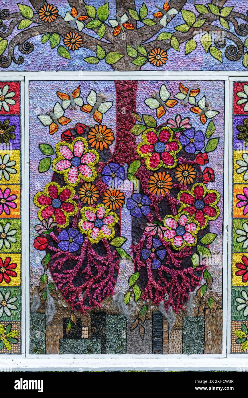 Detail of a well dressing at the Reading Room Well, Youlgrave, Peak ...