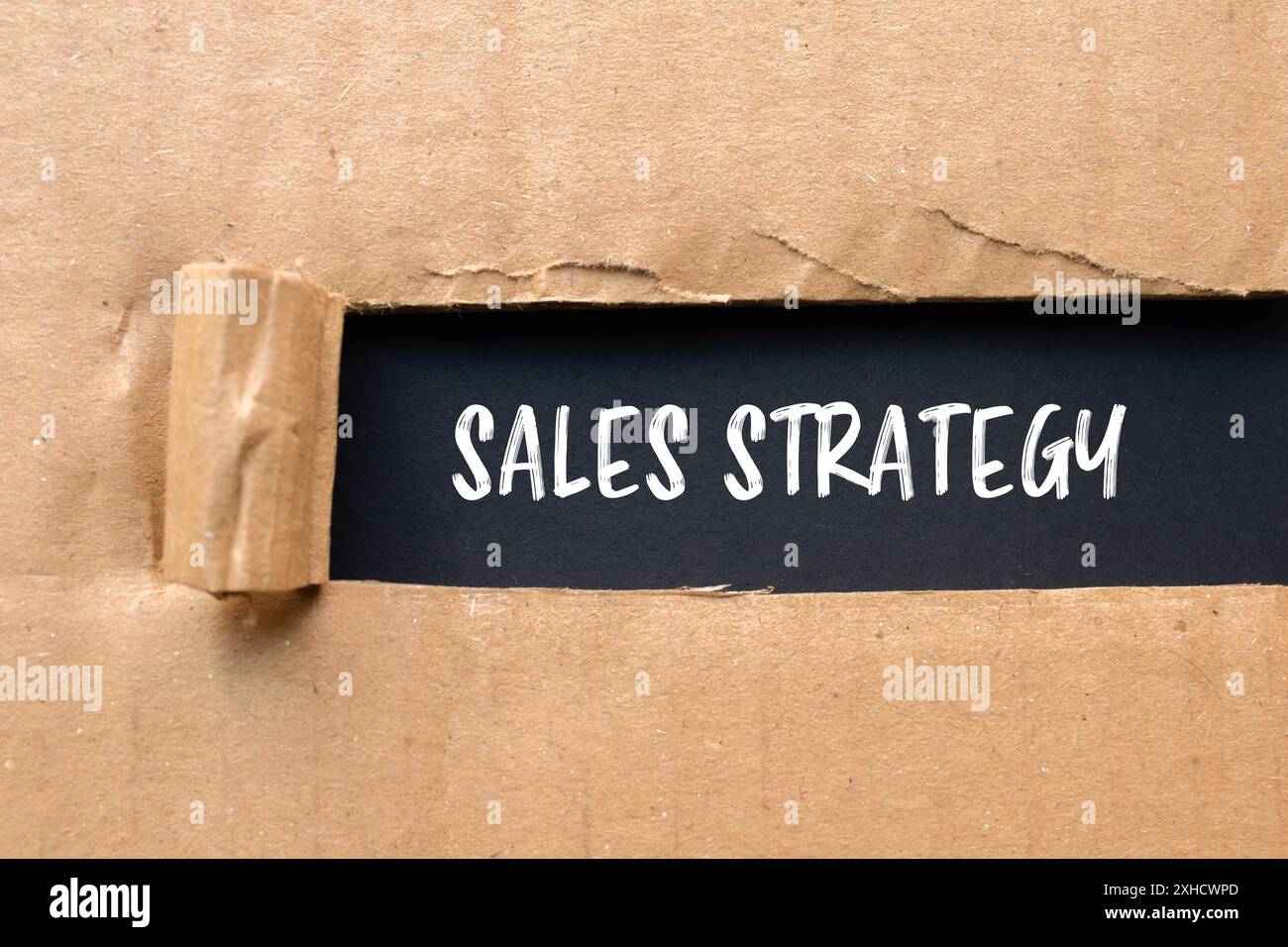 Sales strategy message written on ripped cardboard paper with black ...