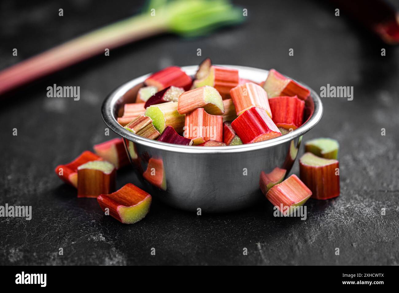 Chopped Rhubarb as detailed close up shot (selective focus Stock Photo ...