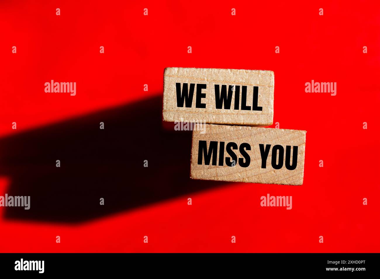 We will miss you words written on wooden blocks with red background ...