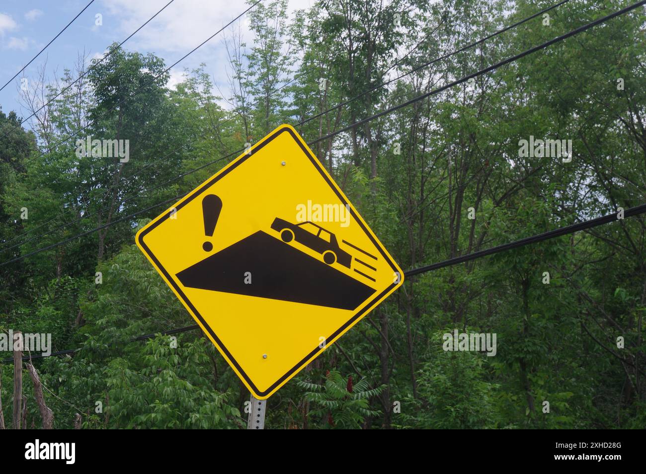 Yellow warning sign with a car driving on a slippery slope surrounded ...