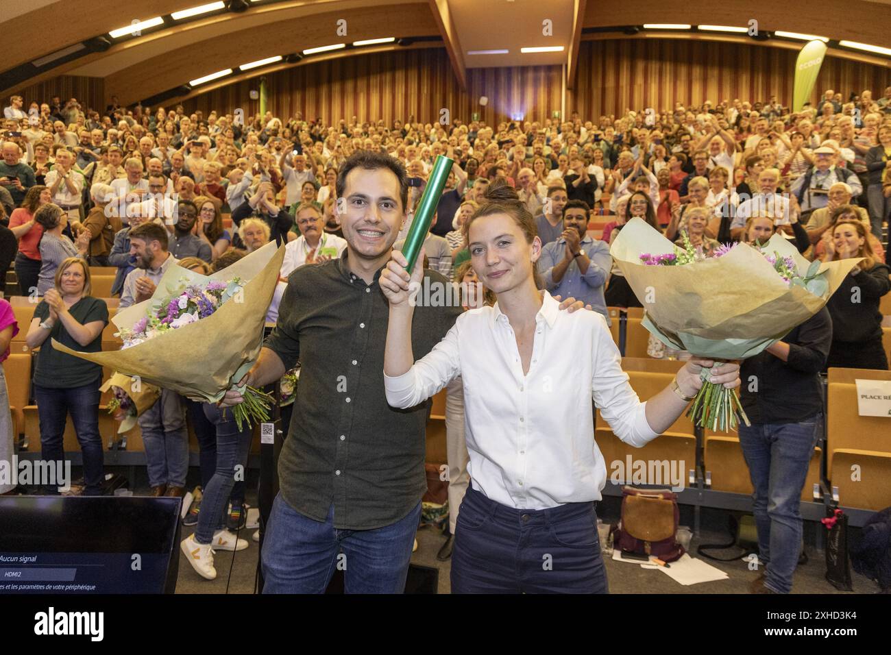 Newly elected Samuel Cogolati and Marie Lecocq pictured during a party ...
