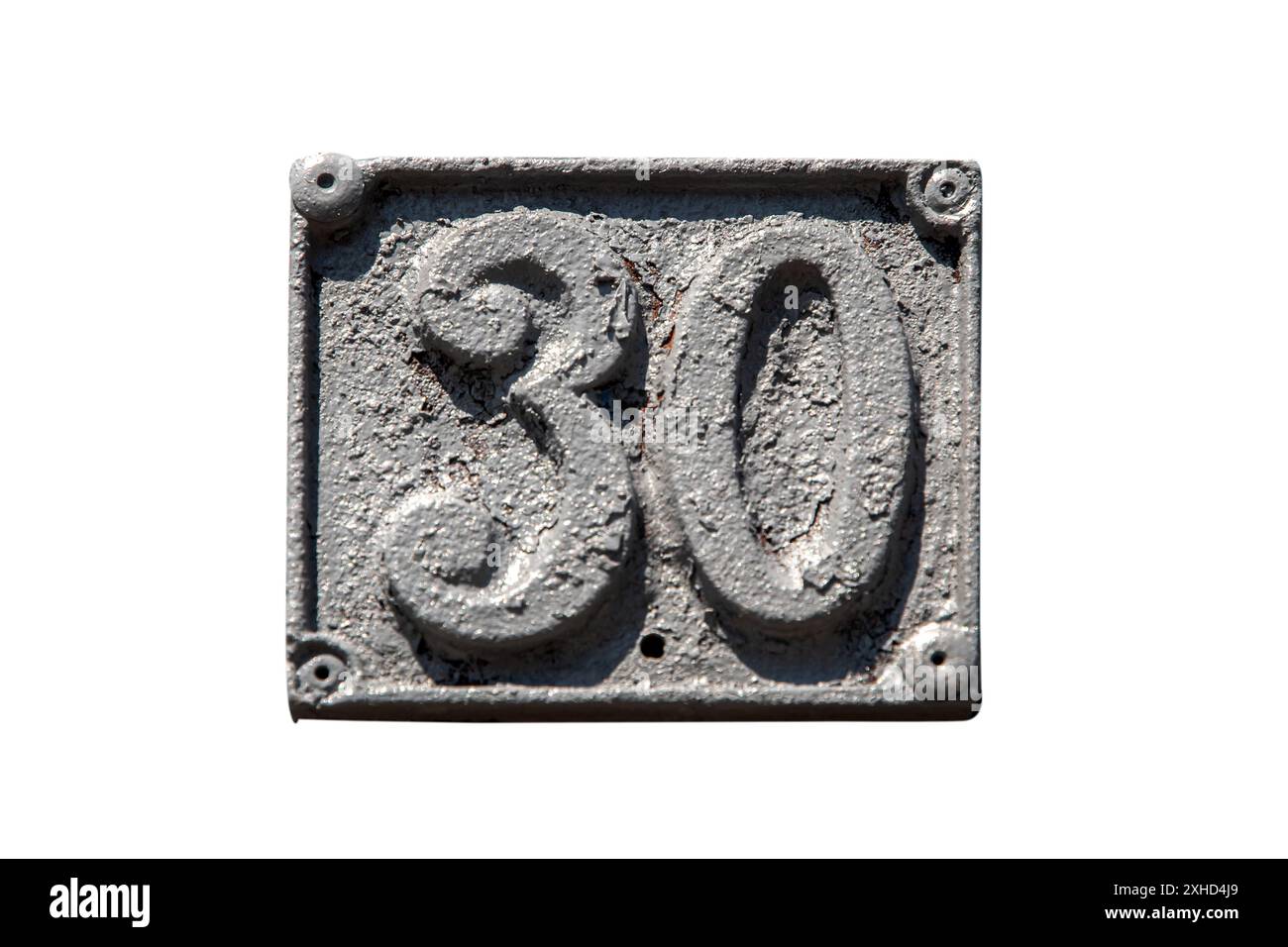 Old retro weathered cast iron plate with number 30 isolated on white ...