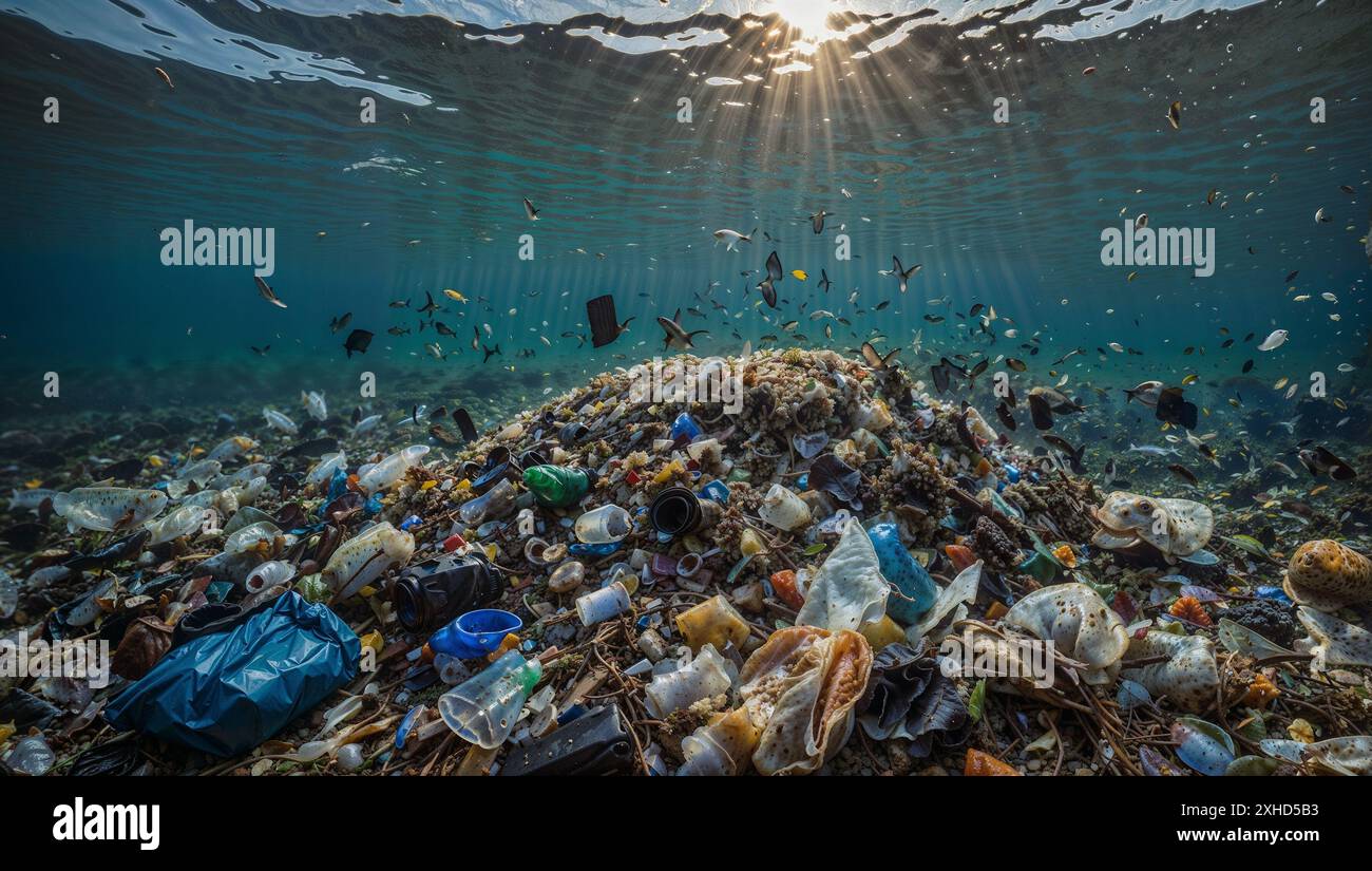a lot of garbage floating in the sea Stock Photo - Alamy