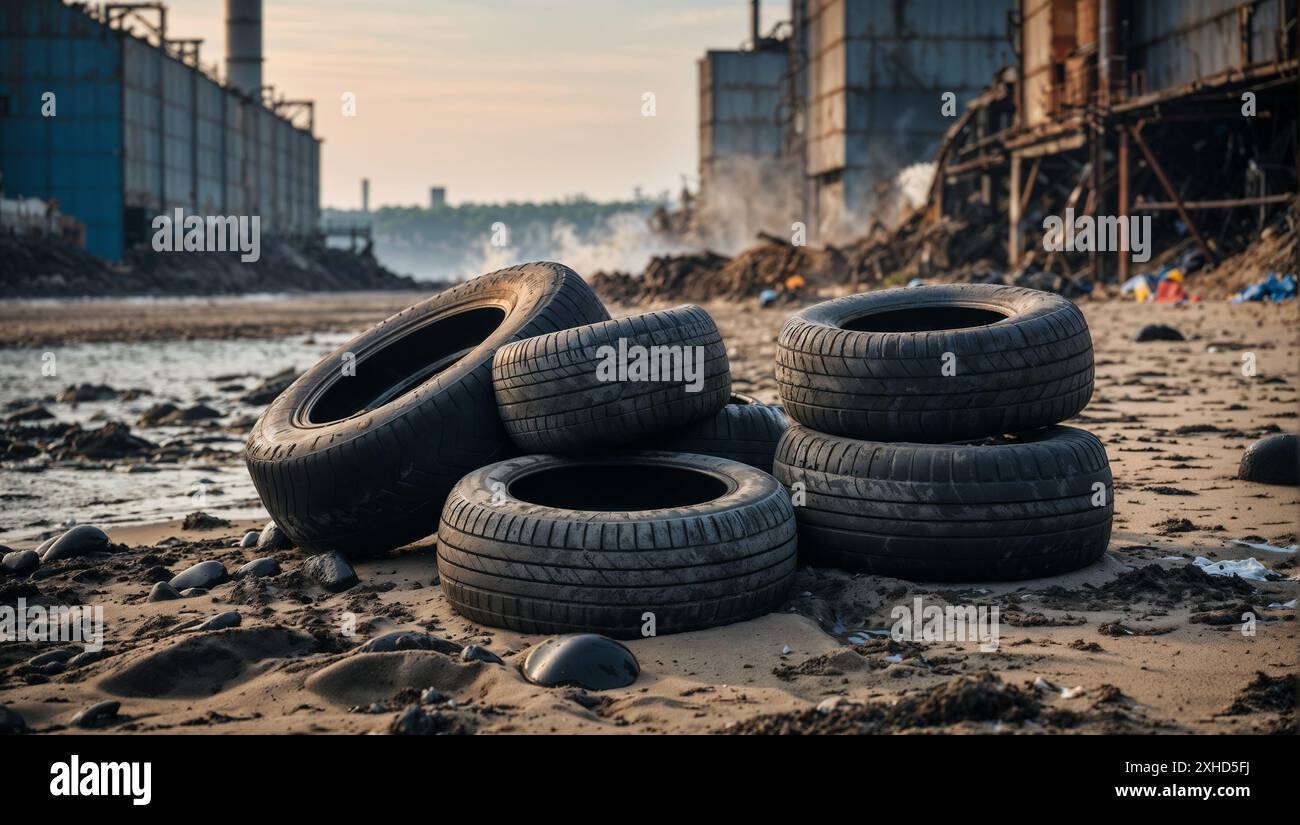 Old car tires, garbage washed up on the beach against the background of ...