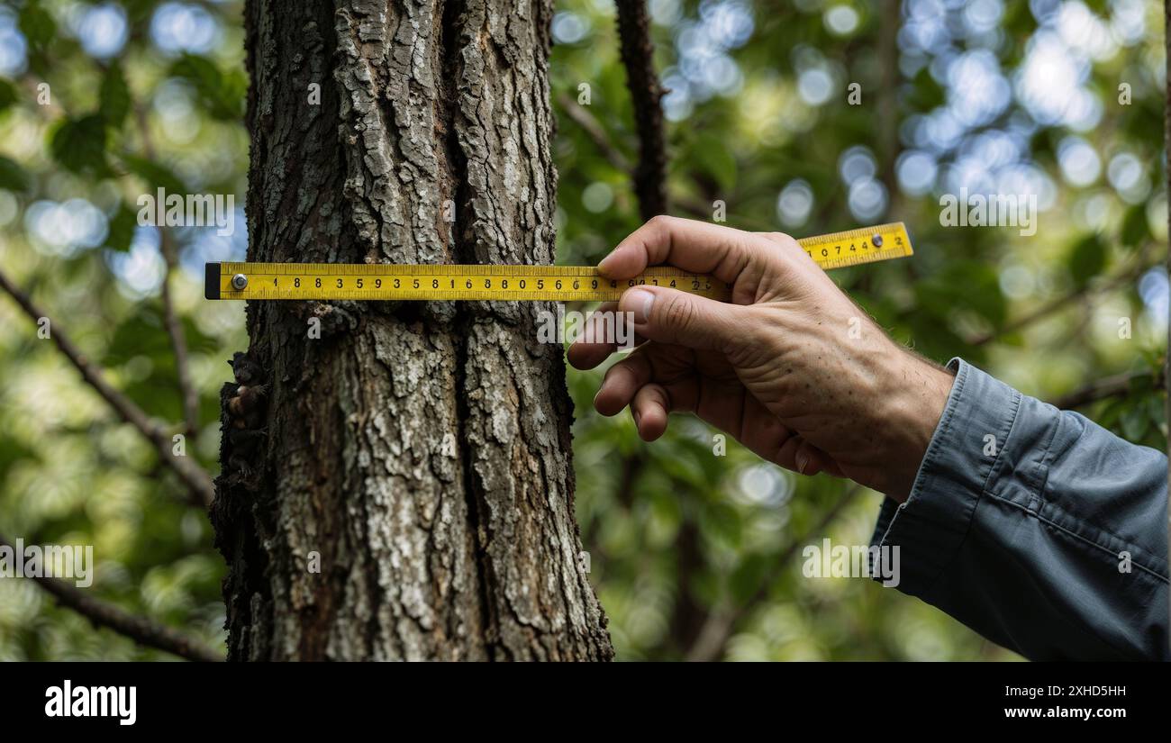 view of man's hands measuring the thickness of a tree branch with a ...