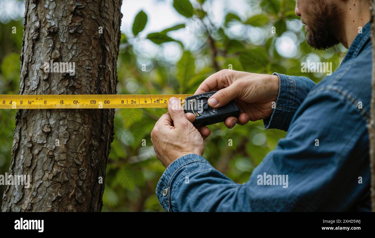 view of man's hands measuring the thickness of a tree branch with a ...