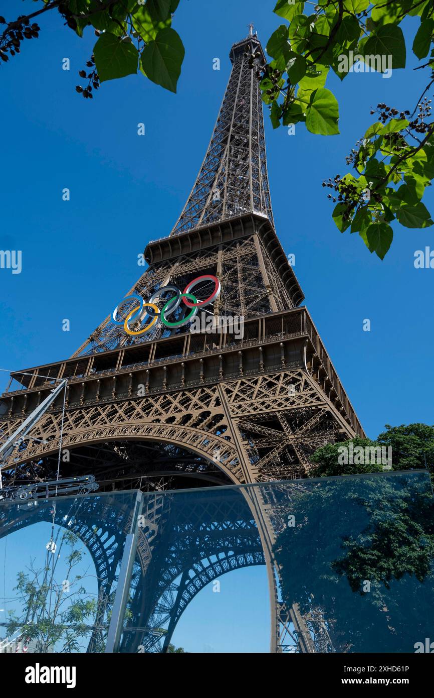 Paris, France, june 07 2024 - Eiffel Tower with Olympic rings to mark the games taking place in ...