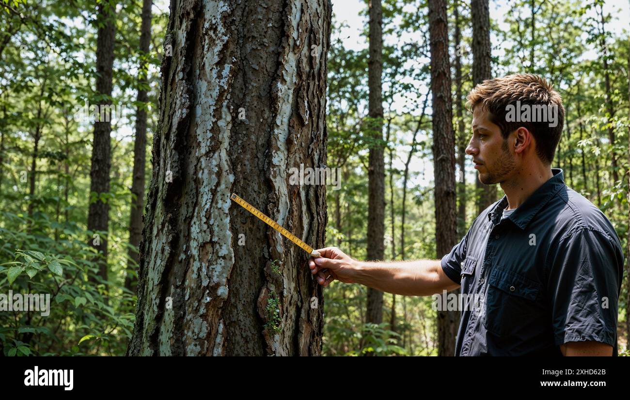 view of man's hands measuring the thickness of a tree branch with a ...