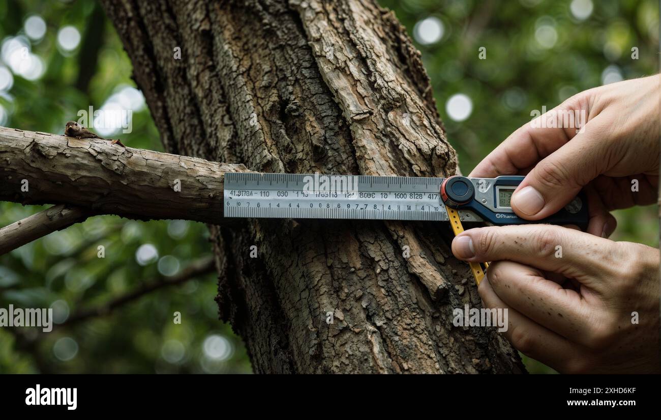 view of man's hands measuring the thickness of a tree branch with a ...