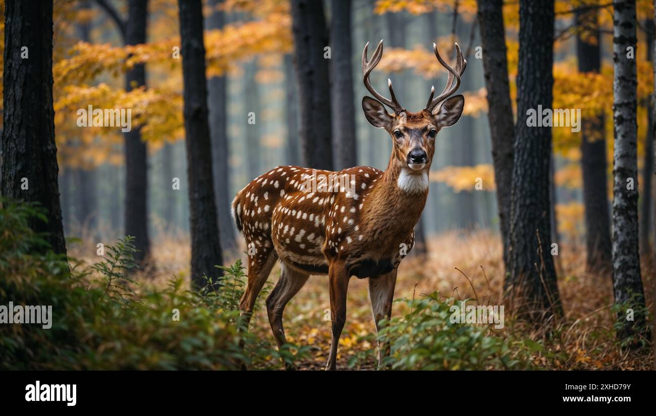 spotted deer standing on a forest path in close-up Stock Photo - Alamy
