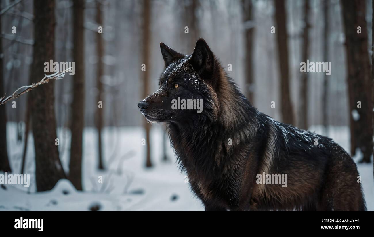 black wolf standing on a forest path in winter close-up Stock Photo - Alamy