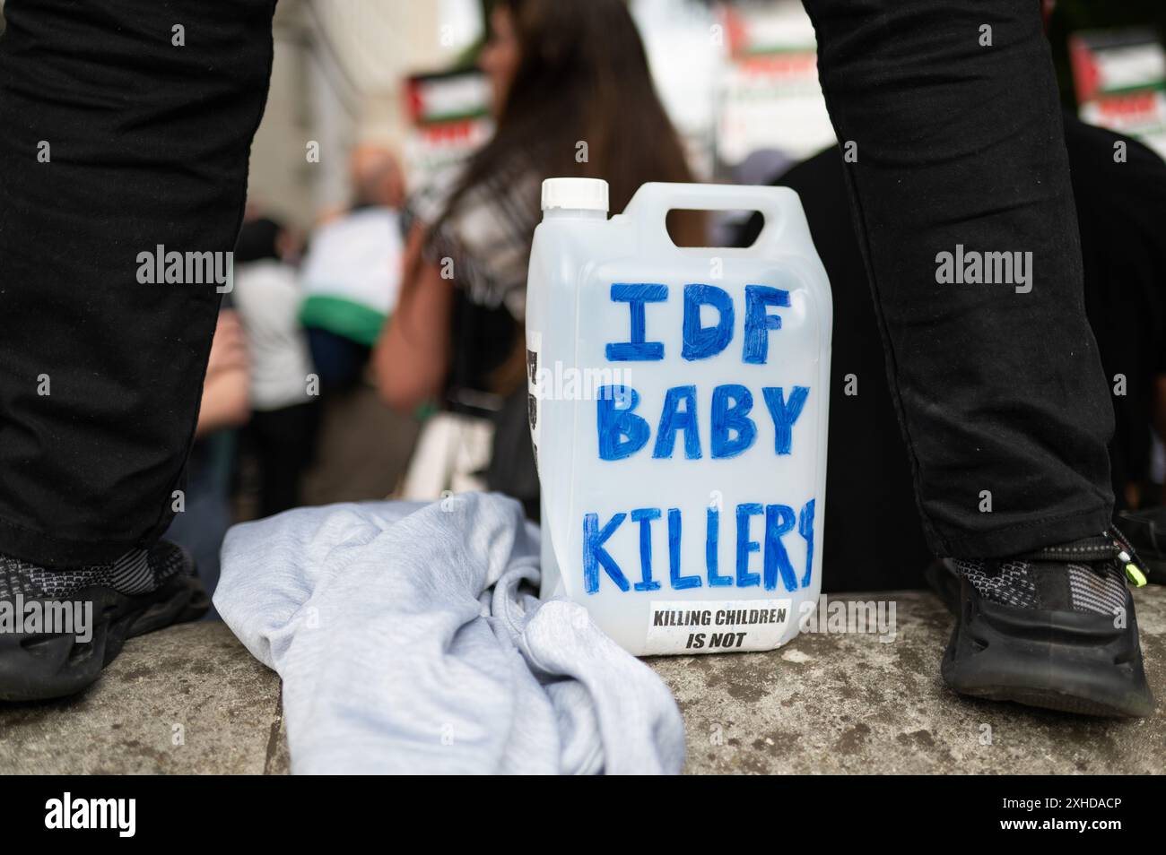 London, UK. 13th July, 2024. A jerry can that says “IDF Baby Killers ...