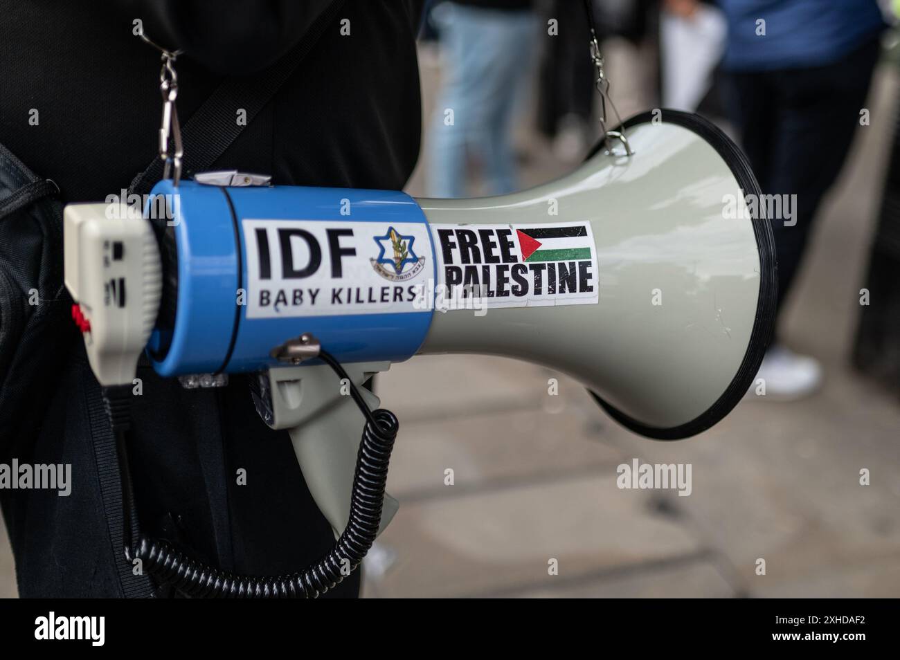 London, UK. 13th July, 2024. A megaphone with a “Free Palestine ...