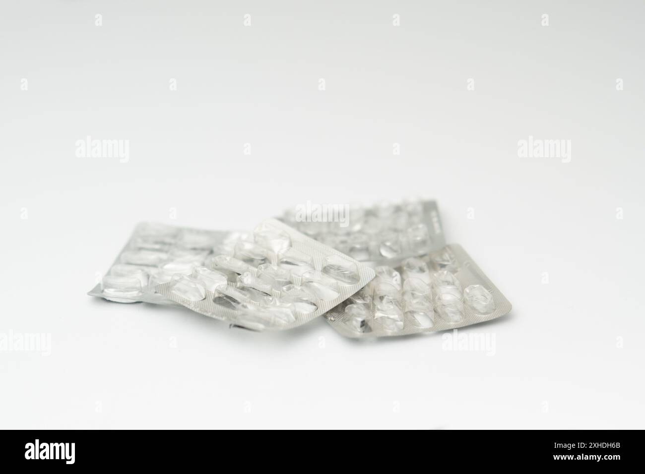 empty pill blister packs isolated on white grey background copy space ...