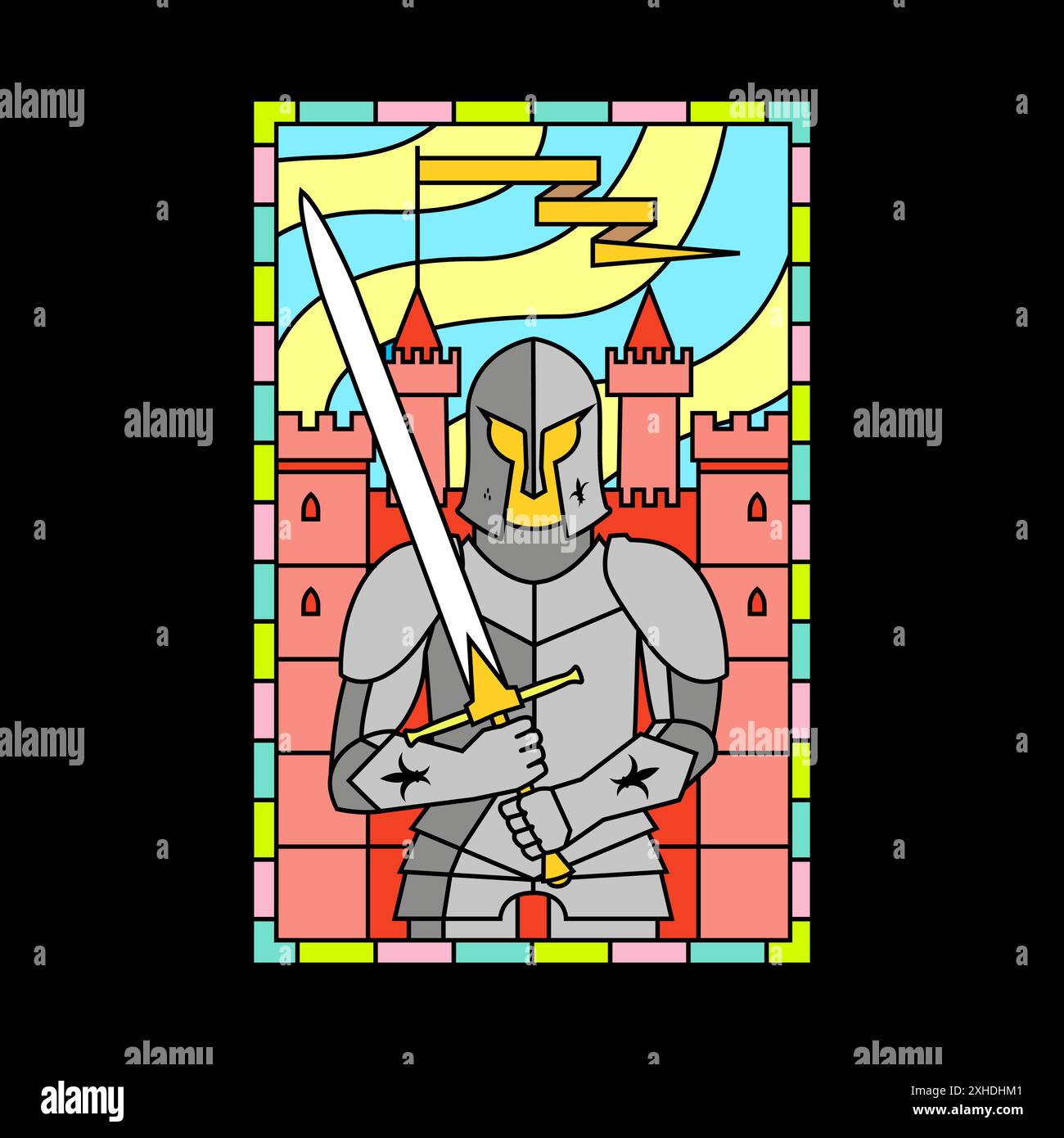 Knights with sword colorful stained glass window. Colored gothic mosaic ...